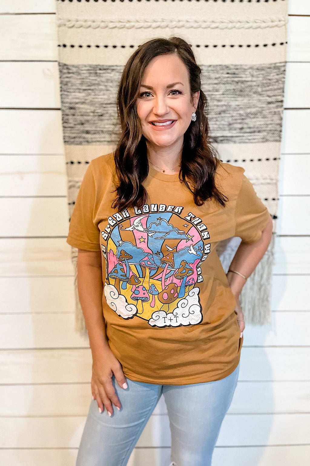 Mushroom Vibes Camel Tee-XS Only – Tucked & Threaded